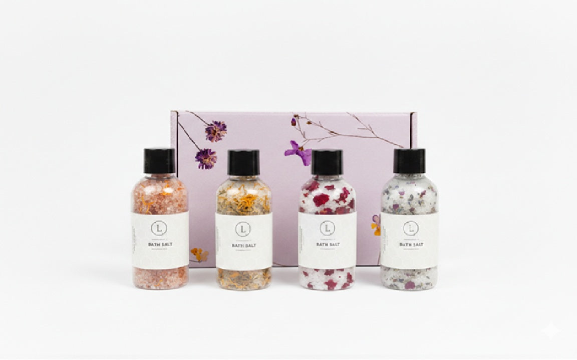 Luxurious Natural Bath Salts Discovery Set - 4 Botanical Glass Bottles ...